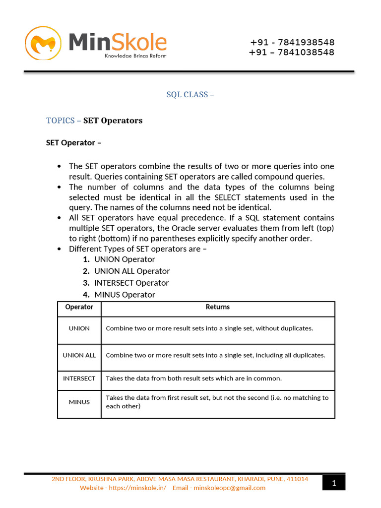 Oracle Class - SET Operators | PDF | Table (Database) | Teaching Methods & Materials