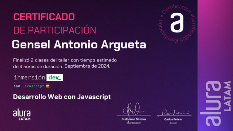 Certificado Alura Latam - Inmersión Dev | PDF
