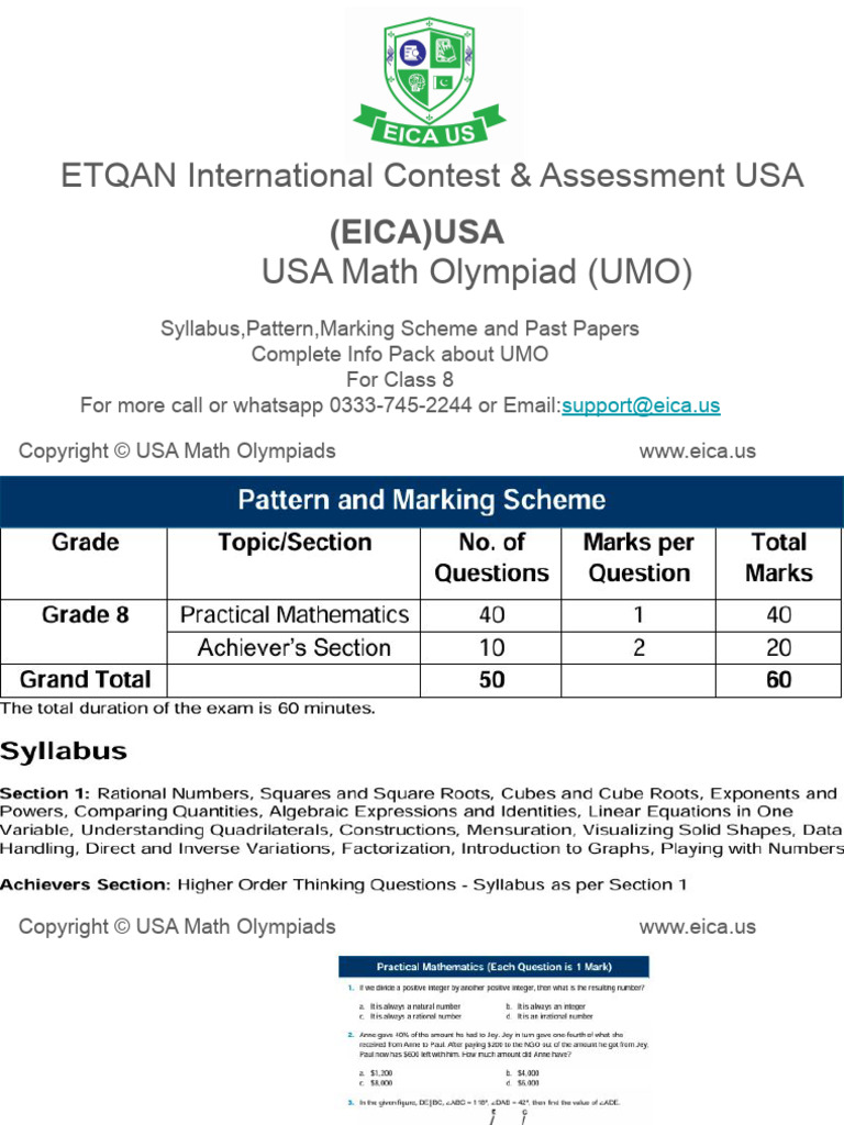 Info Pack For UMO Grade 8 | PDF
