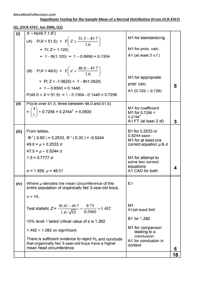 Hypothesis Testing For The Sample Mean of A Normal Distribution MS | PDF