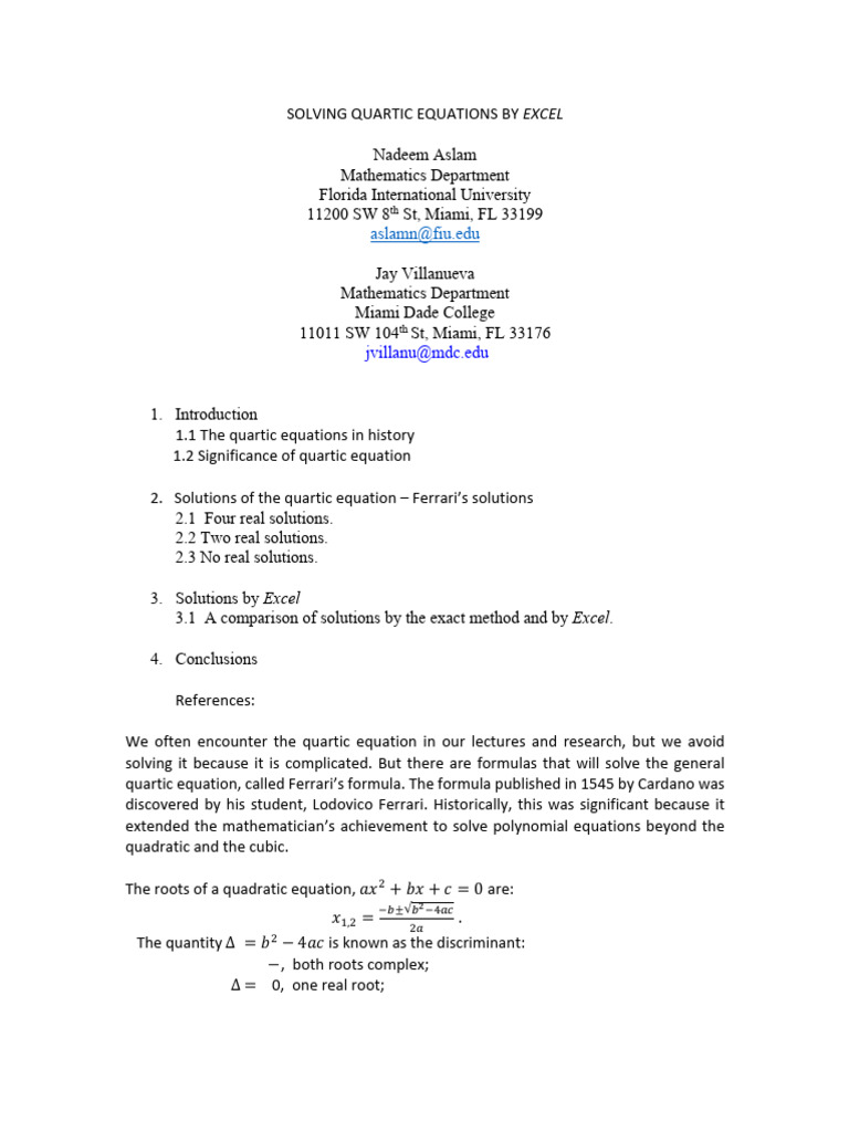 Ictcm22 Solving Quartic Equations By Excel Pdf