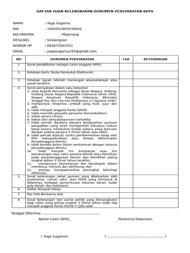 Daftar Isian Kelengkapan Dokumen Persyaratan Kpps | PDF Daftar Isian Kelengkapan Dokumen Persyaratan Kpps | PDF