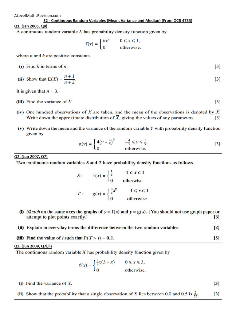 Continuous Random Variables (Mean, Variance and Median) | PDF