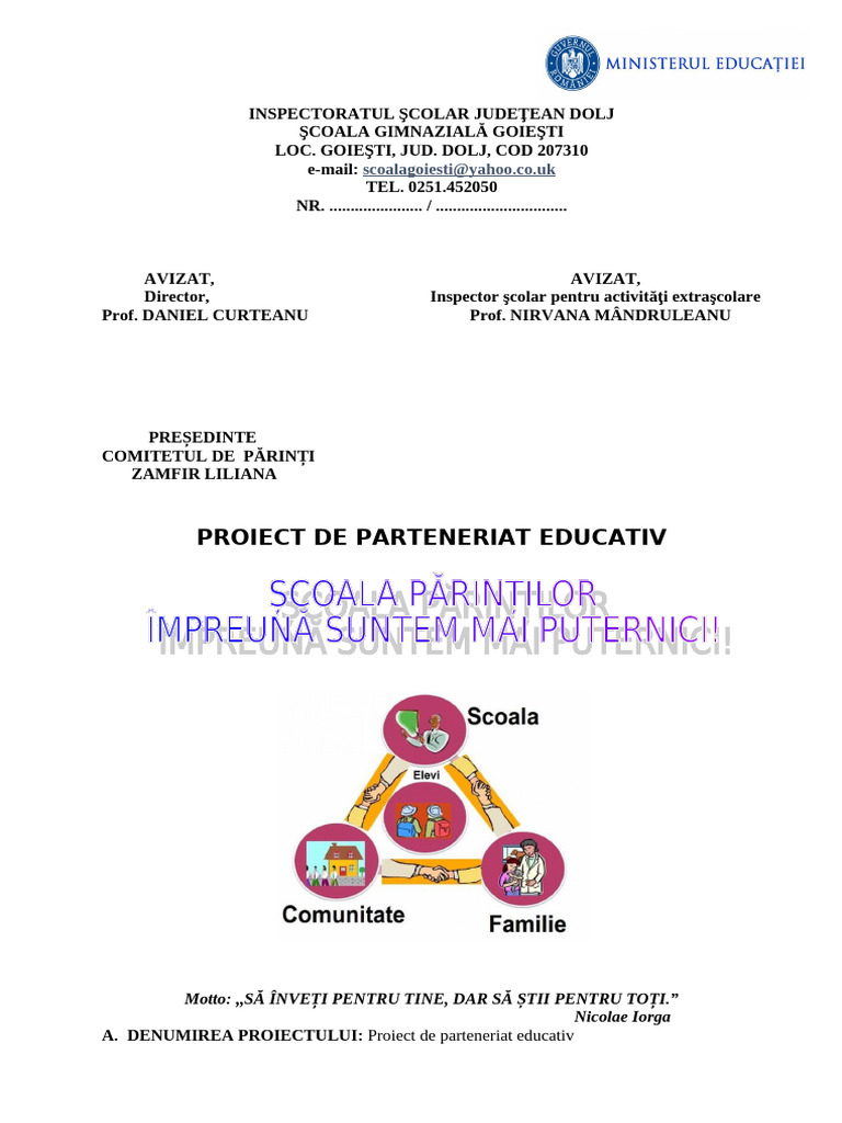 Proiect de Parteneriat Scoalafamilie | PDF