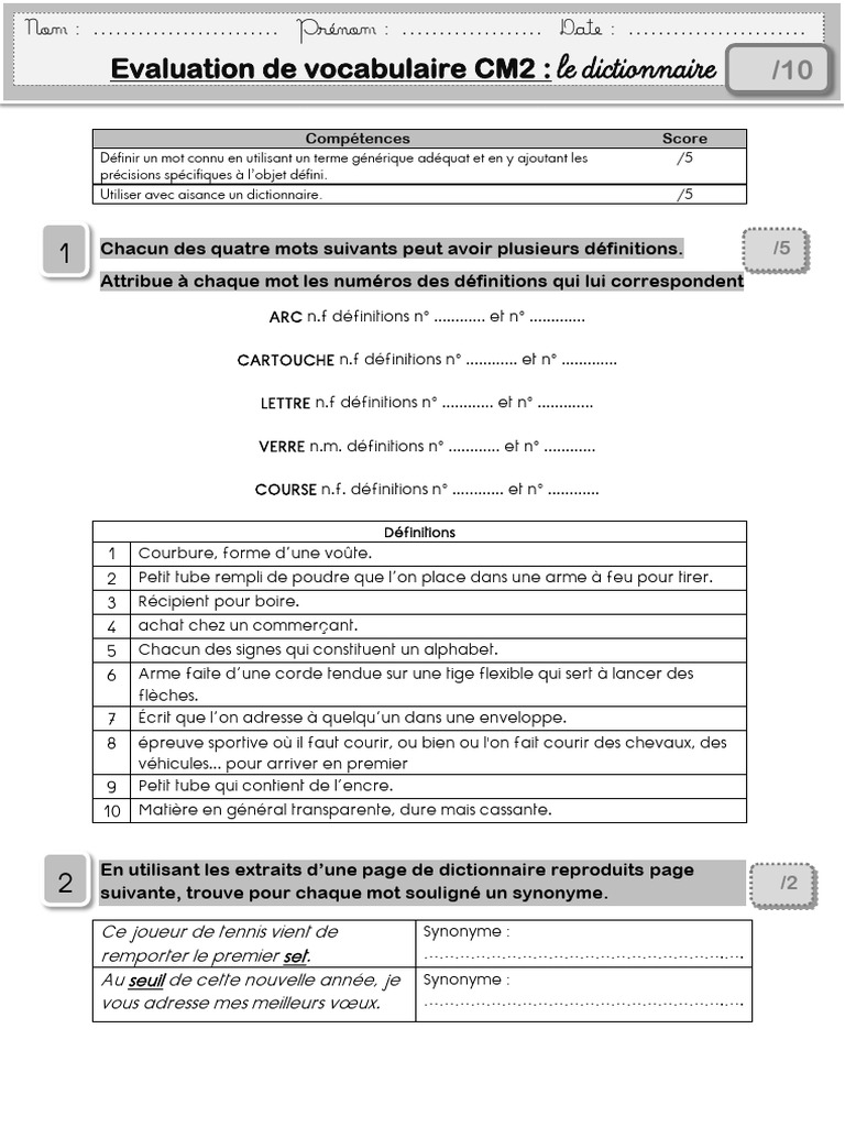 Eval 1 Dictionnaire Cm2 Mamait | PDF