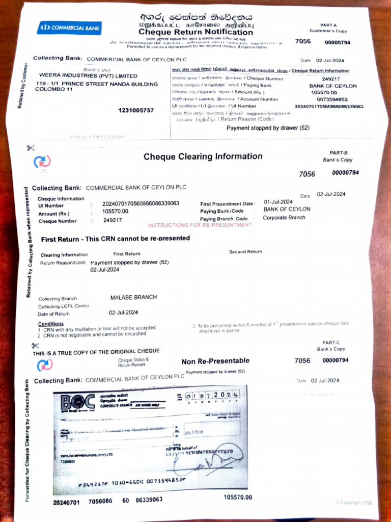 CNP Cheque Return Notes | PDF