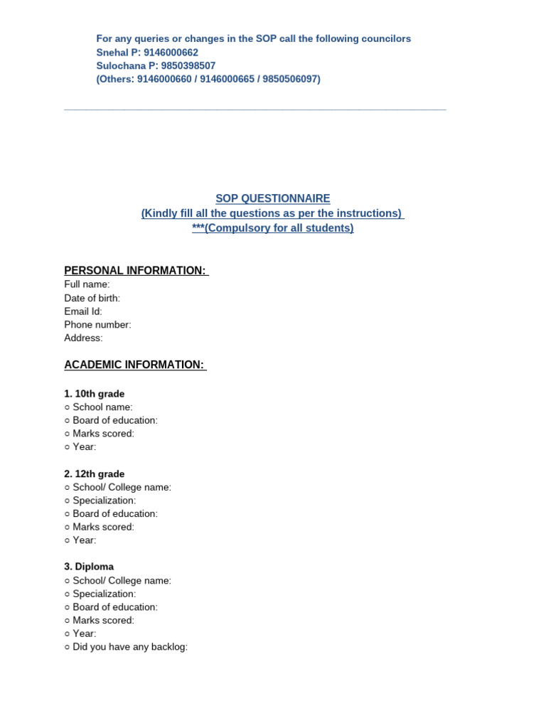 SOP QUESTIONNAIRE - Word Format Form | PDF | Educational Stages