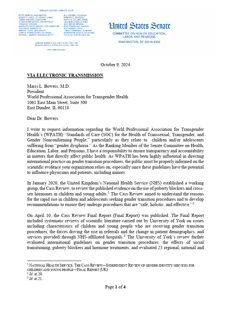 Oct. 9, 2024, Letter From Bill Cassidy To WPATH (Re: Cass Review and ...