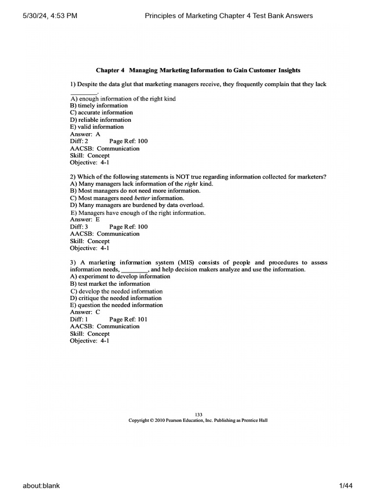 Principles of Marketing Chapter 4 Test Bank Answers | PDF
