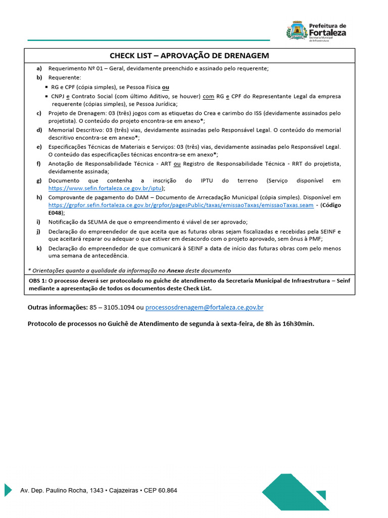Check List e Requerimento - Aprovacao de Drenagem (Processo Protocolado ...