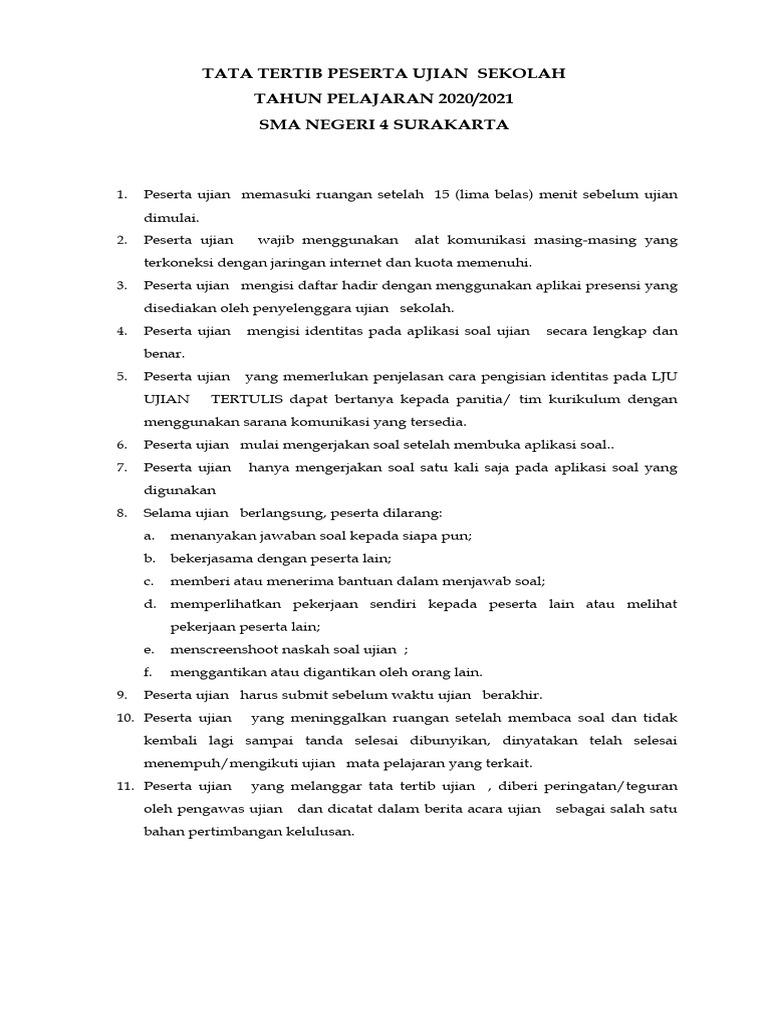 Tata Tertib Peserta Ujian Sekolah Tahun 2021 | PDF