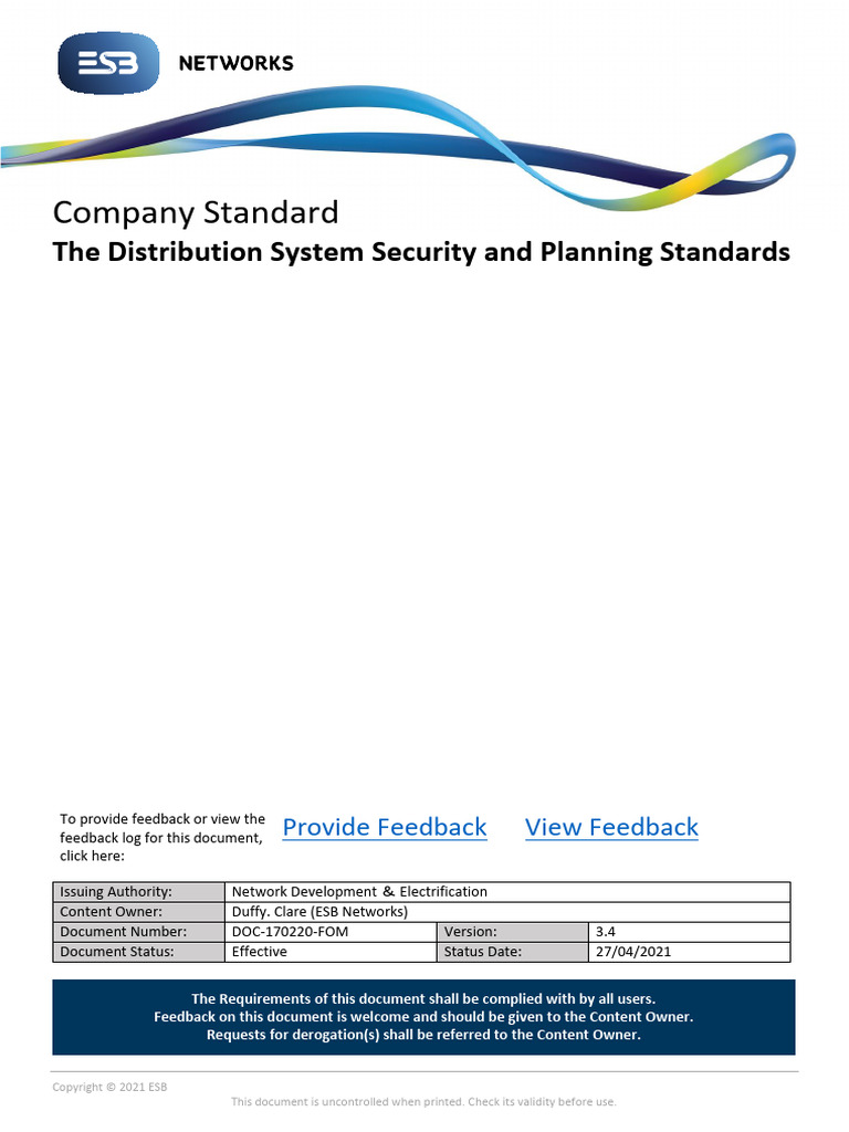 Distribution System Security and Planning Standards - Esb | PDF