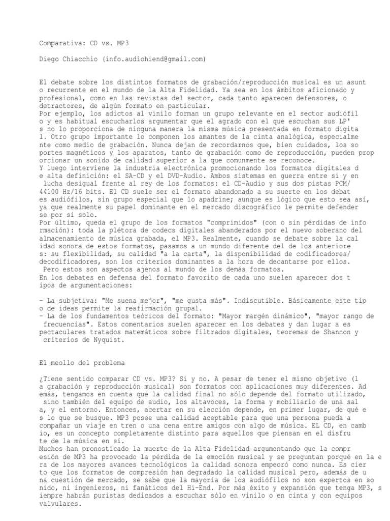 Comparativa CD vs. MP3 | Descargar gratis PDF | Mp3 | Disco compacto