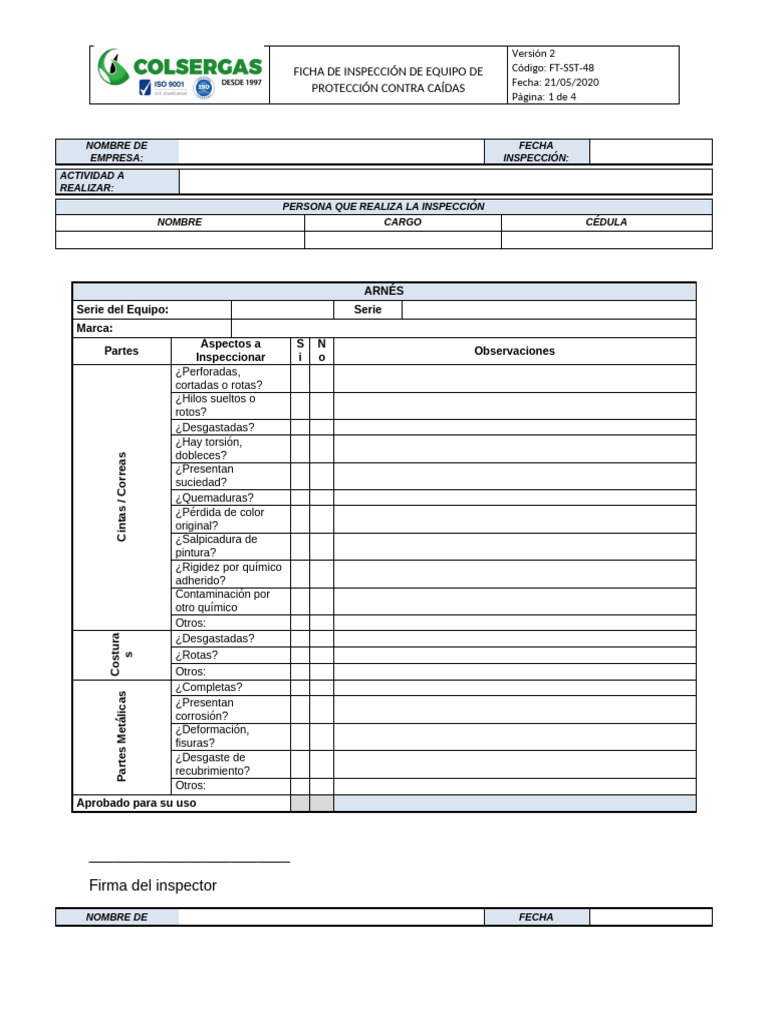 Formato de inspección de equipos para trabajos en alturas COLSERGAS | PDF