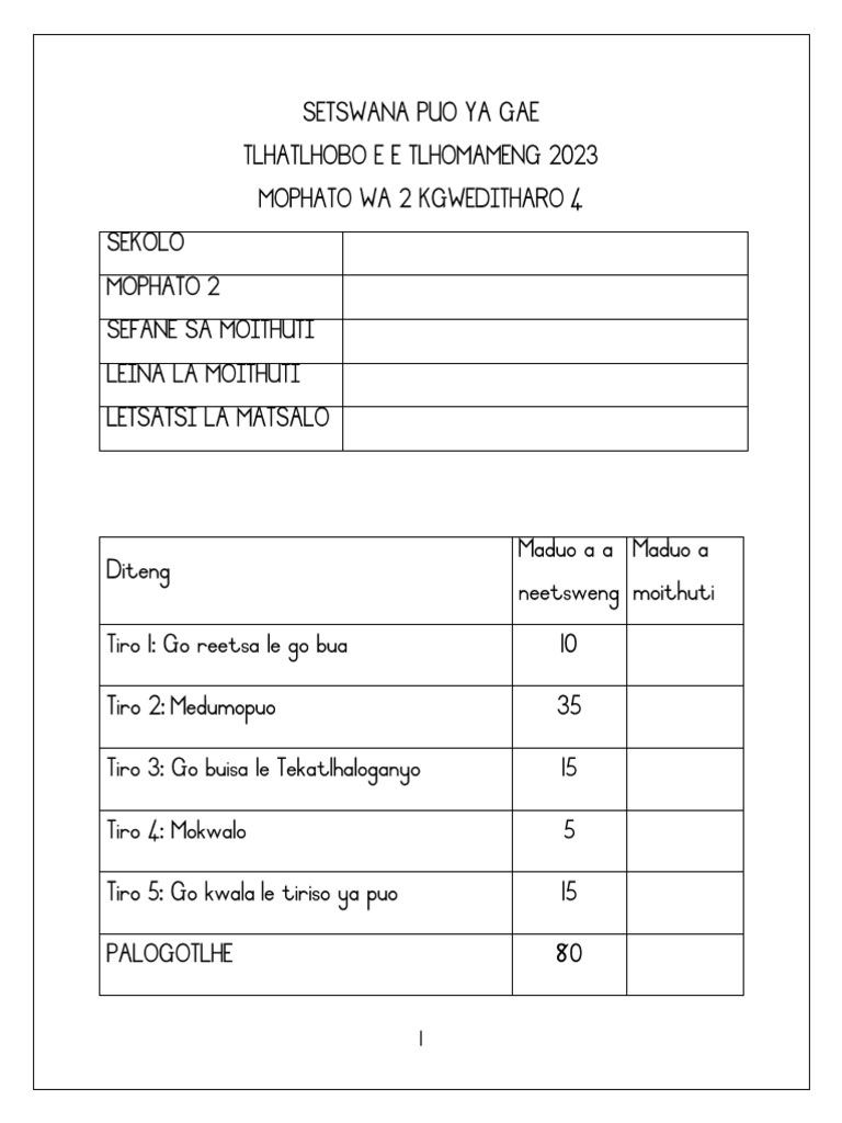 2023 Setswana HL Grade 2 Term 4 Task | PDF