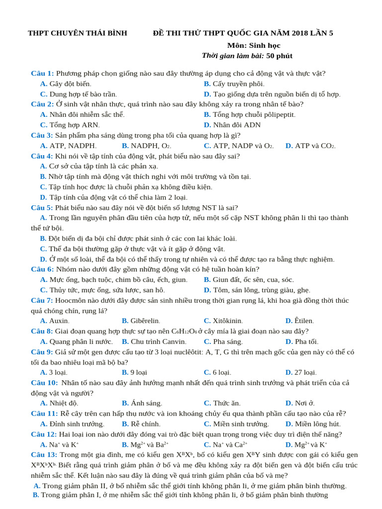 Dap An de Sinh Thi Thu THPTQG Truong Chuyen Thai Binh | PDF