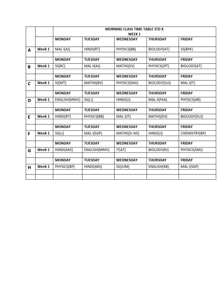 MORNING CLASS TIMETABLE WEEK 1 | PDF