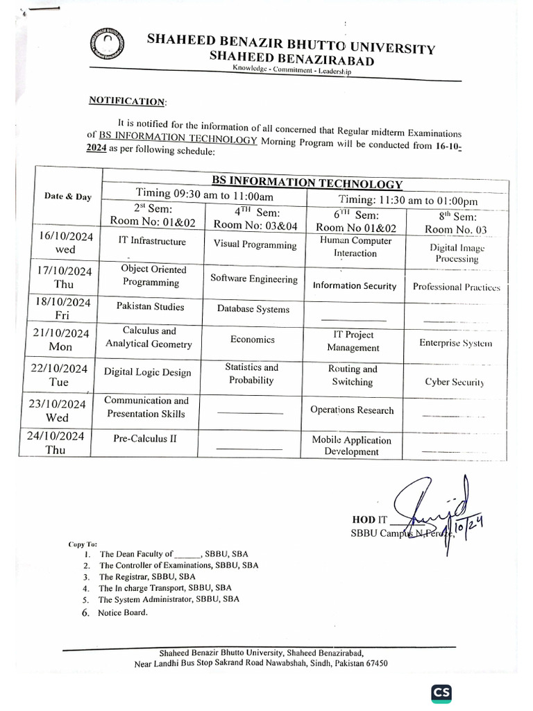 Mid-Term Time Table Bs IT Fall Semester 2024 | PDF | Technology ...