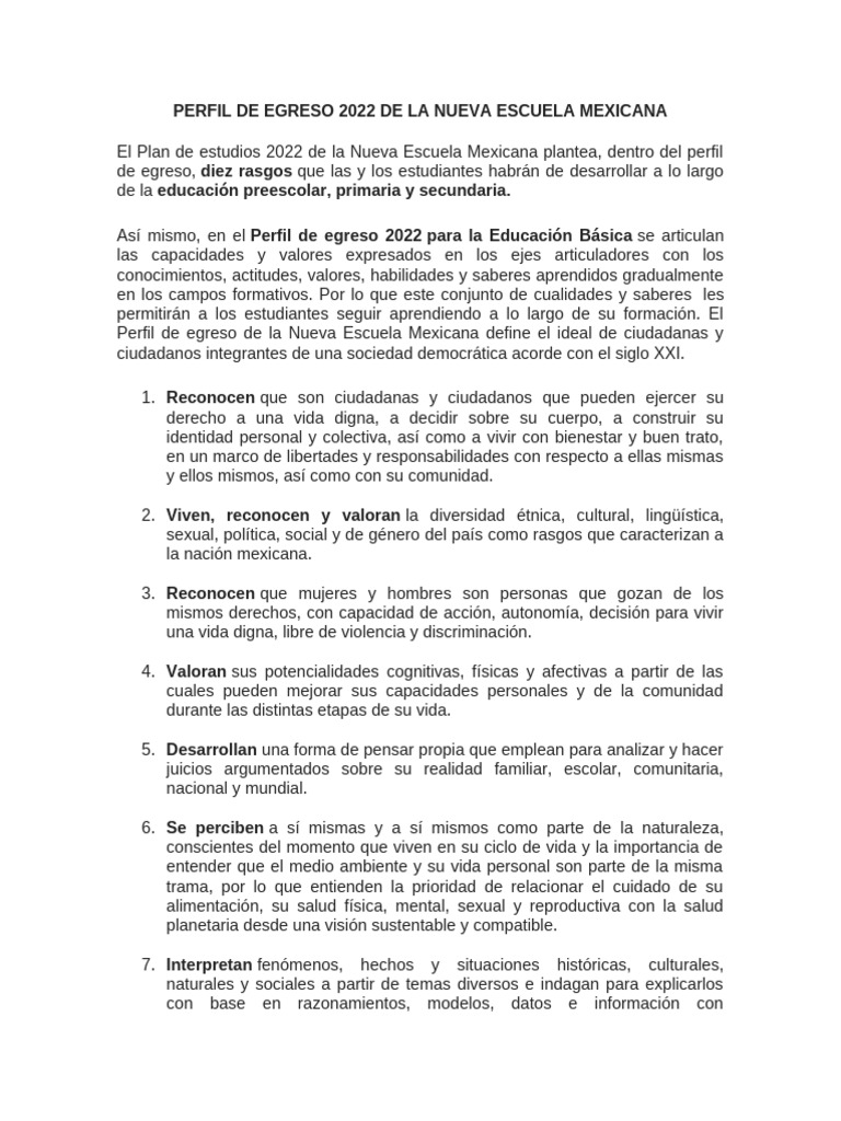 Perfil de Egreso 2022 de La Nueva Escuela Mexicana | PDF | México | Escuelas
