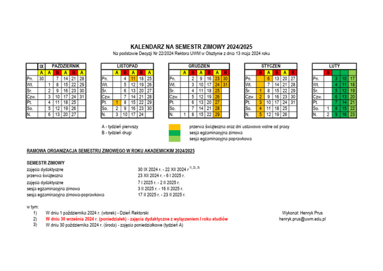 Kalendarz Semestr Zimowy 2024-2025 | PDF