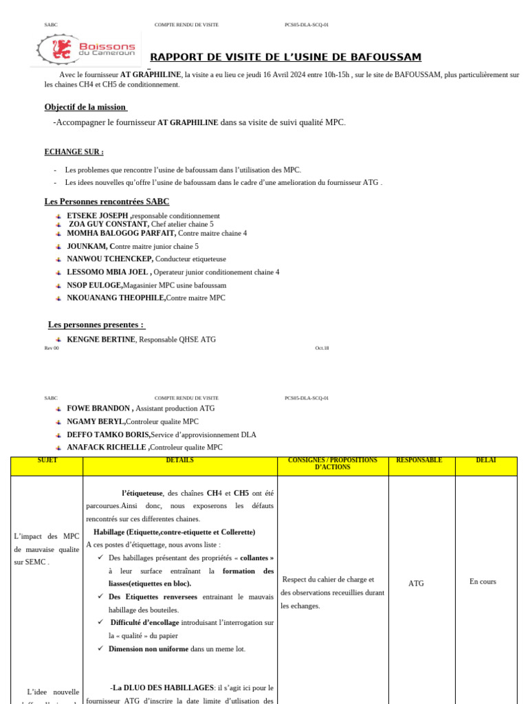 Rapport Deplacement at Graphiline Usine Bafoussam Mai 2024 | PDF