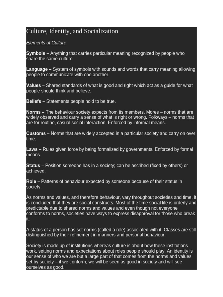 Culture, Identity and Socialization. Enote | PDF | Socialization | Society