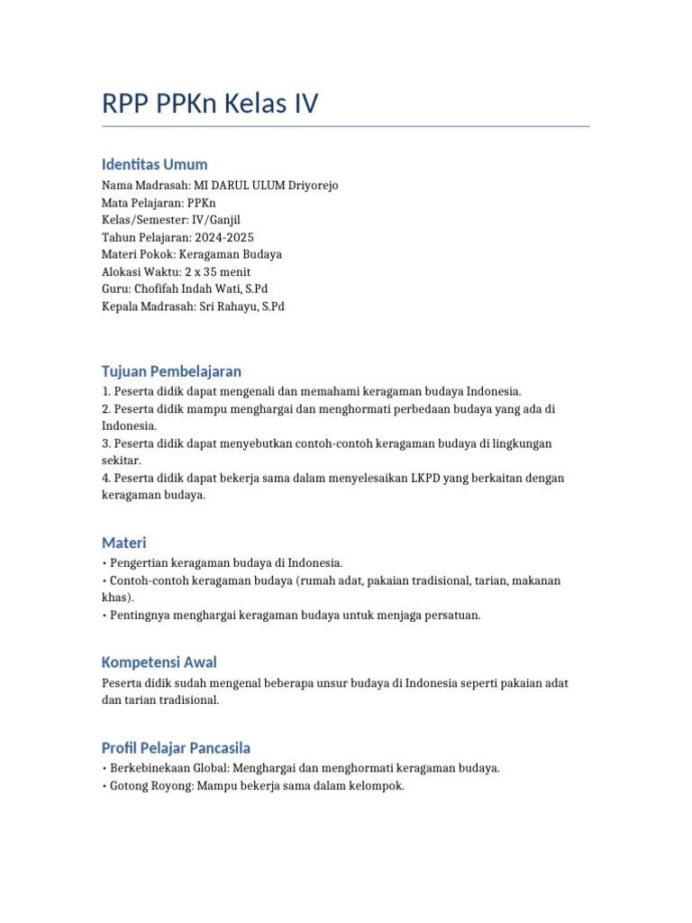 RPP PPKN Keragaman Budaya LKPD | PDF