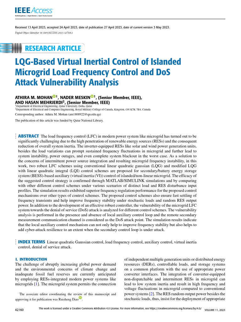 LQG-Based Virtual Inertial Control of Islanded Microgrid Load Frequency Control and DoS Attack ...