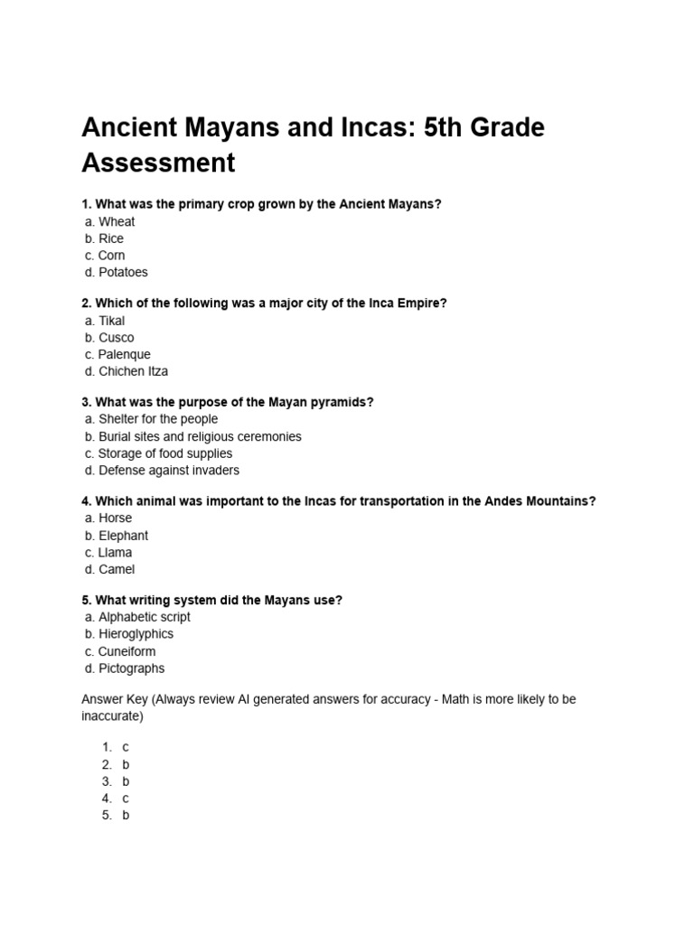 Ancient Mayans and Incas - 5th Grade Assessment | PDF