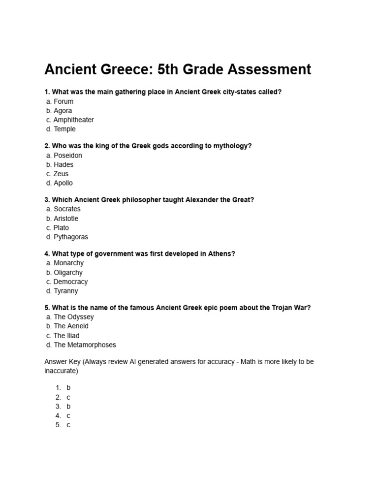 Ancient Greece - 5th Grade Assessment | PDF