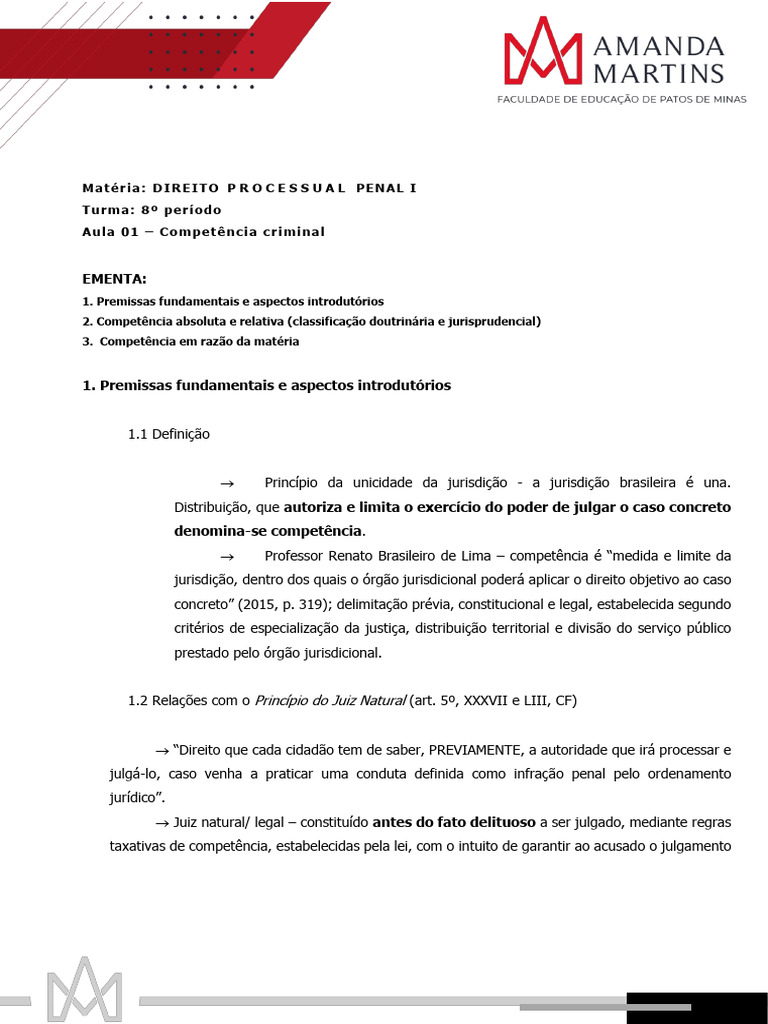 Aula 01. Introdução, Competência Absoluta e Relativa e Competência em ...