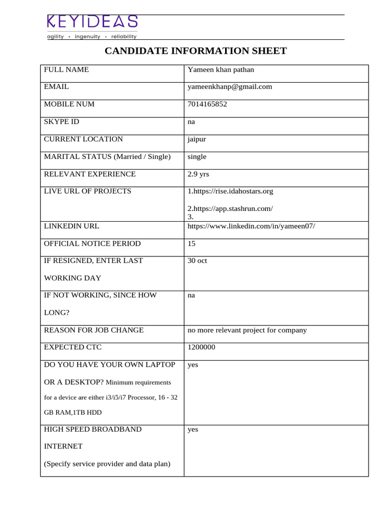 Candidate Information Sheet - React | PDF | Computer Architecture | Personal Computing