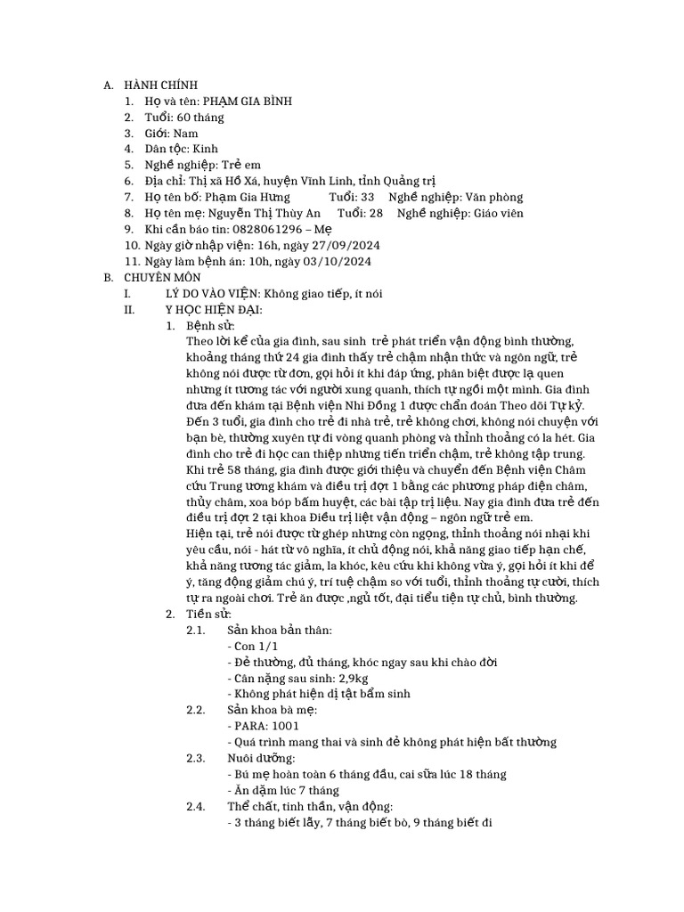 Bệnh án Tự kỷ Nhi khoa YHCT | PDF