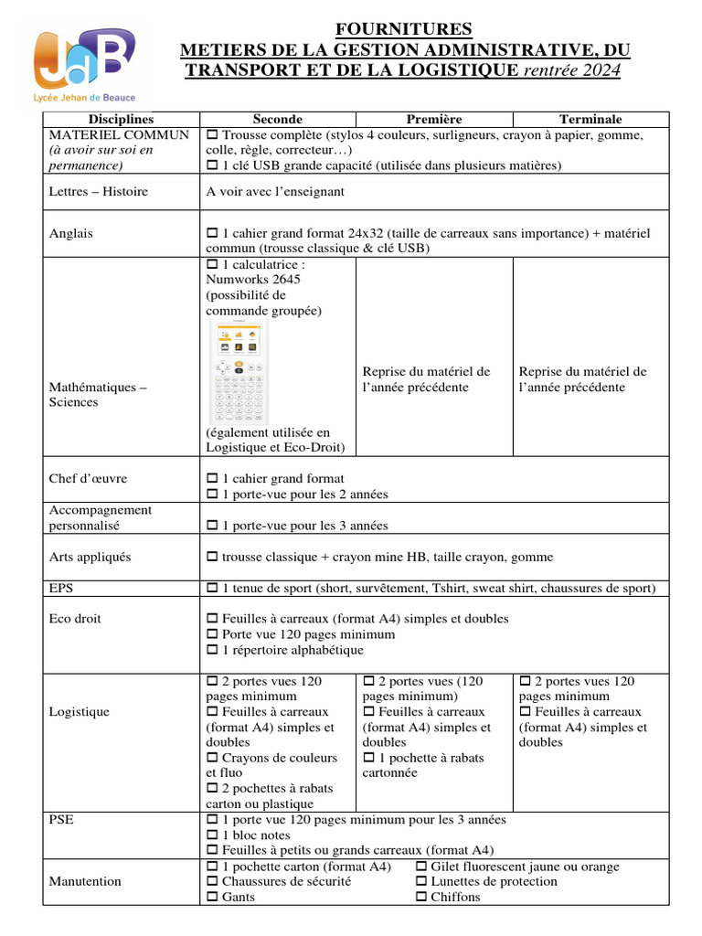 Liste Des Fournitures Filiere GATL Logistique Rentree 2024 | PDF