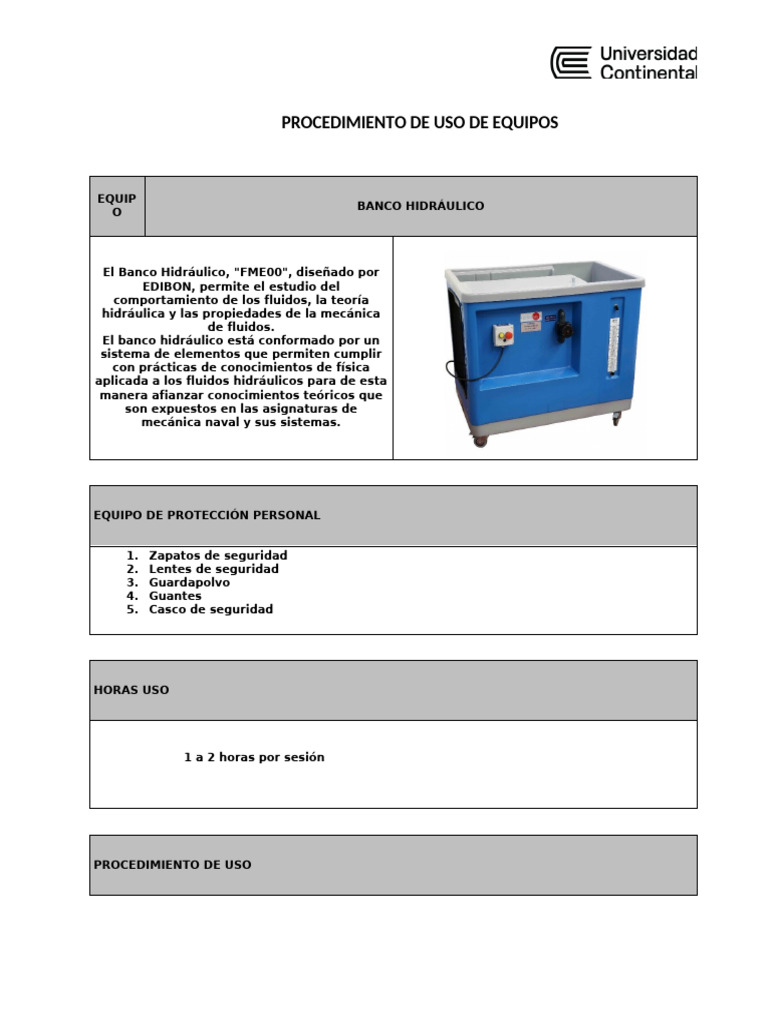 Procedimiento de Uso-Banco Hidraulico j104 | PDF