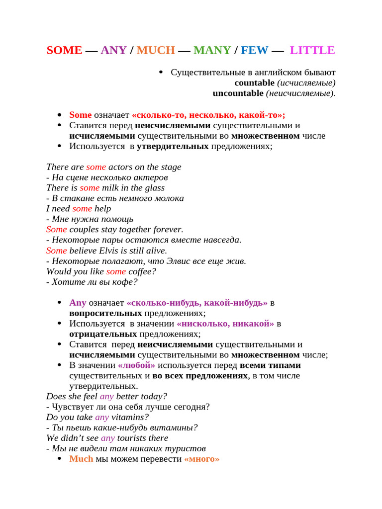 Some - Any: Much - Many: Few - Little | PDF