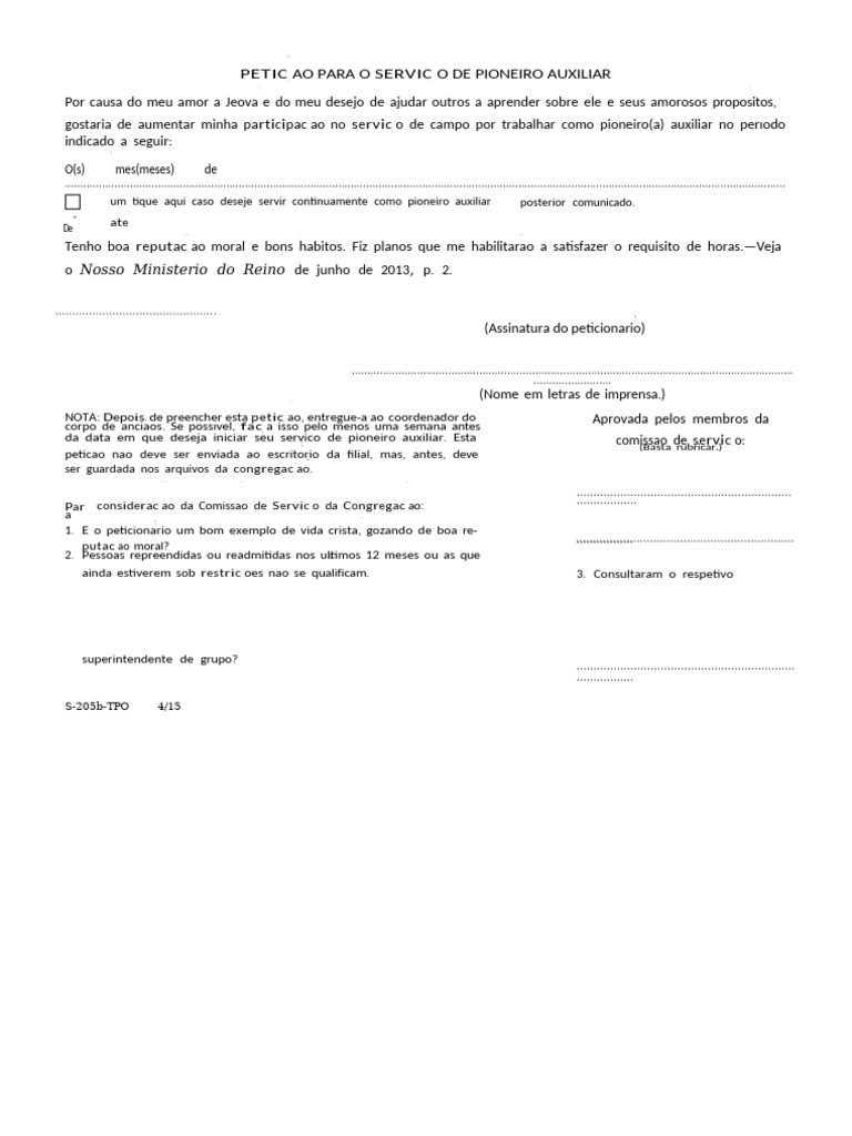 Pioneiro Auxiliar Peticao S-205b - Tpo | PDF