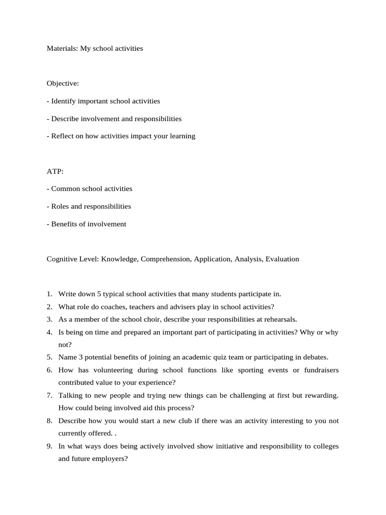 Writing. My School Activities | PDF