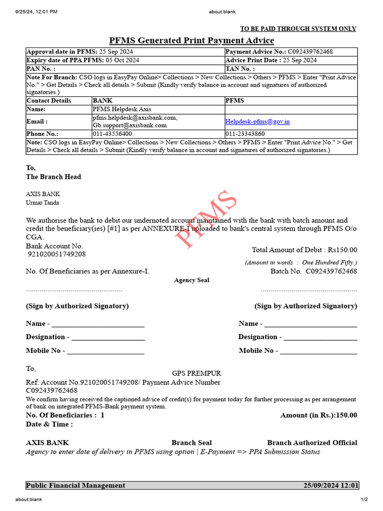 PFMS Generated Print Payment Advice | PDF
