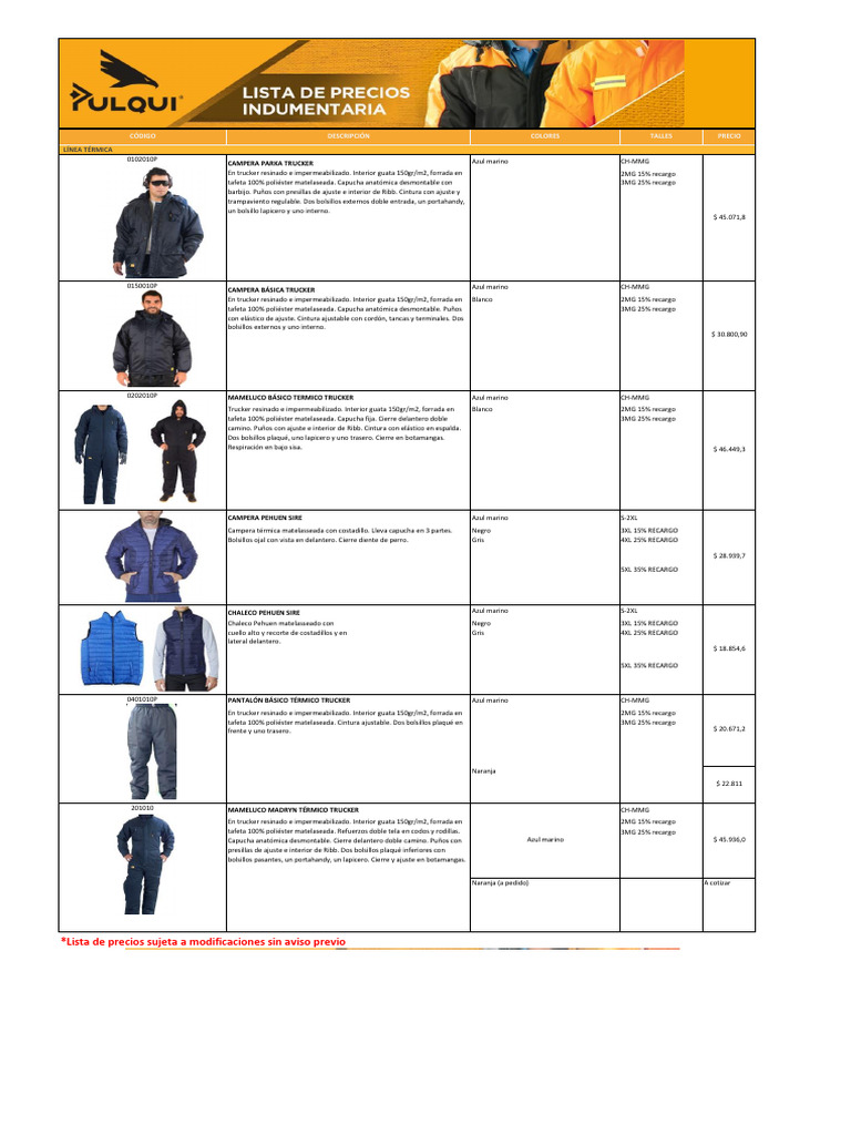 Lista de Precios Indumentaria Tecnica Octubre 2024 | PDF