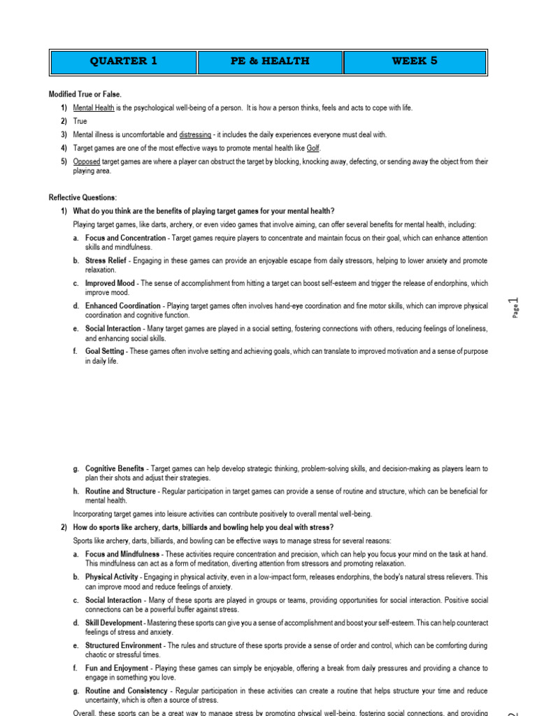 PE & Health Q1 W5 | PDF | Mental Health | Psychological Resilience