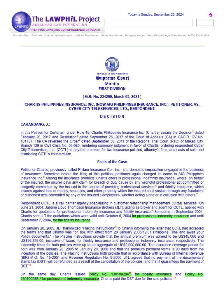 Chartis Philippines Insurance v. Cyber City G.R. No. 234299 - Full Text ...
