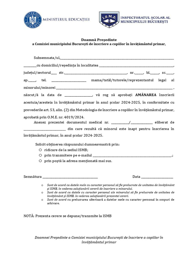 Cerere Amanare Inscriere Clasa Pregatitoare | PDF