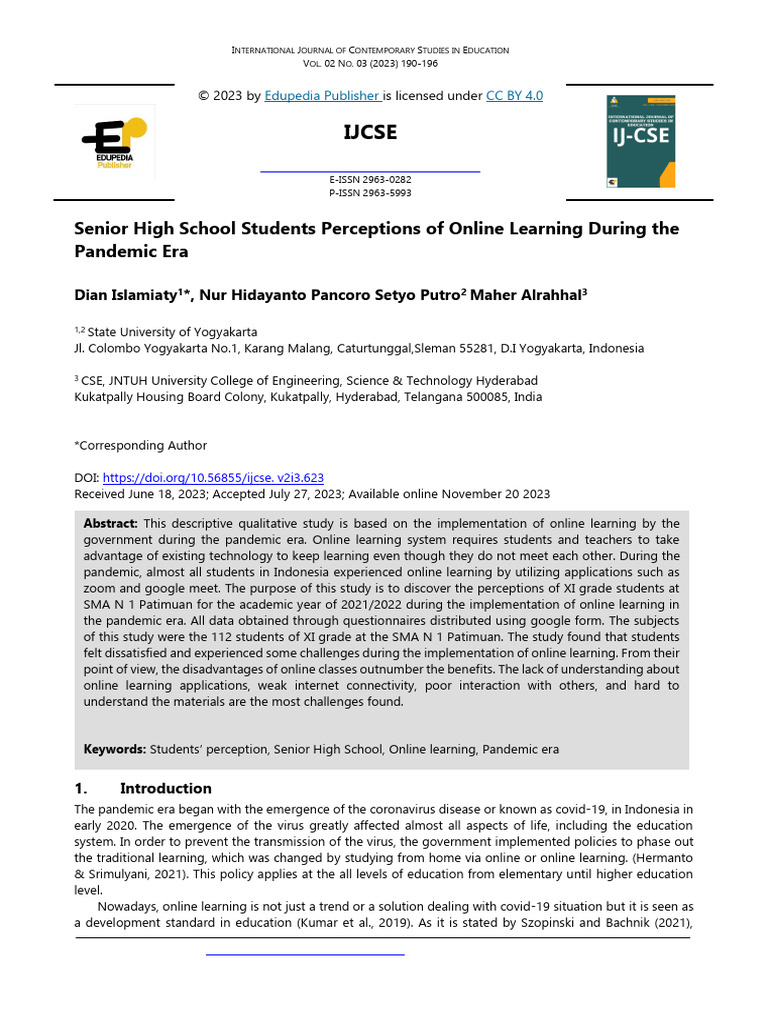 Senior High School Students Perceptions of Online Learning During The Pandemic Era | PDF