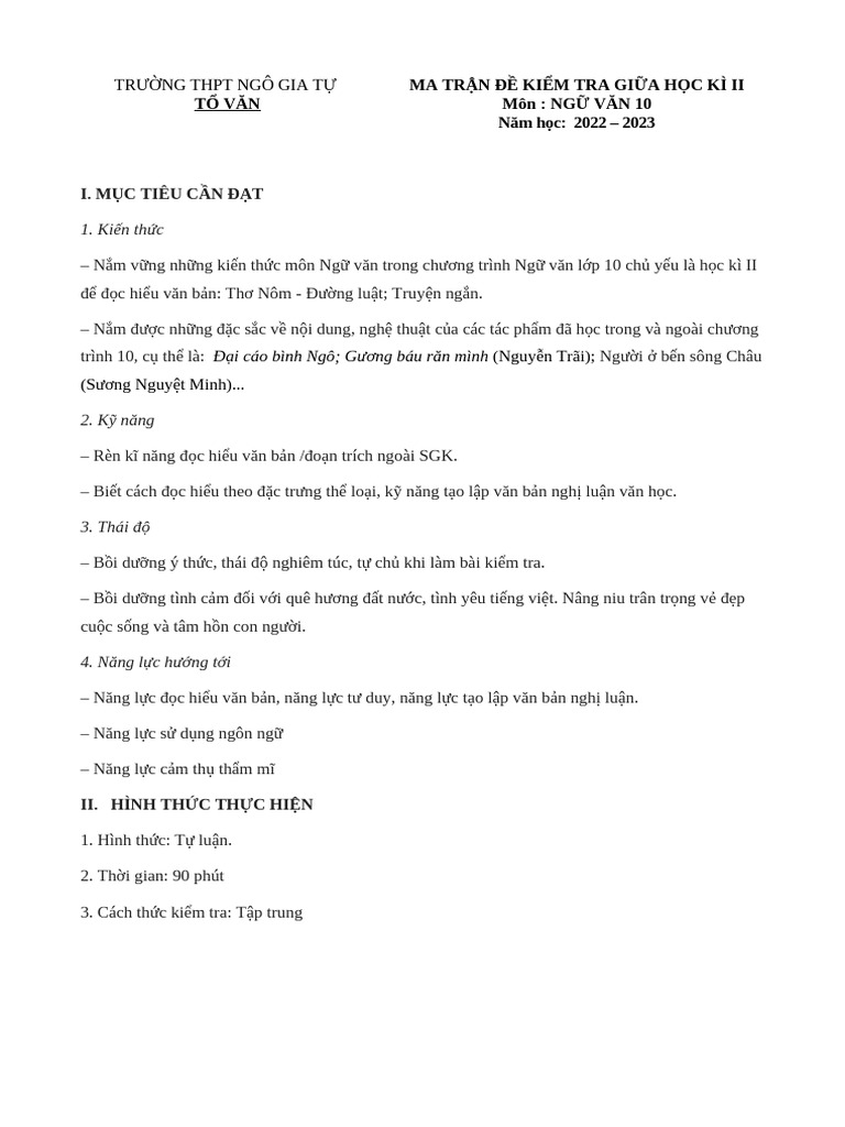 Van 10 Ma Tran Ktra Giua HK2 2022 2023 | PDF