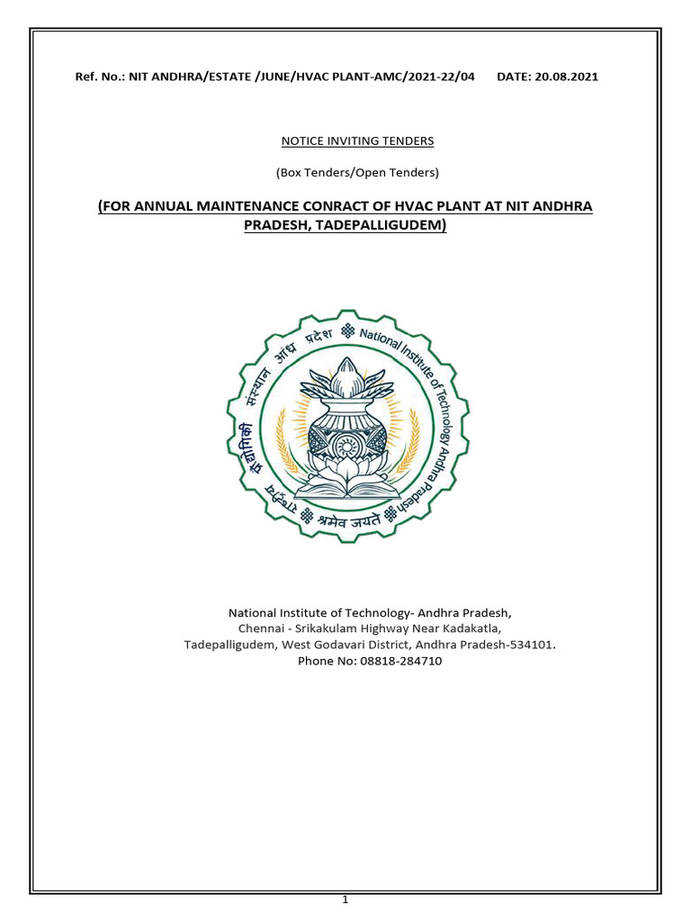 Annual Maintenance Contract For Heating Ventilation & Air Conditioning (HVAC) Plant at NIT ...