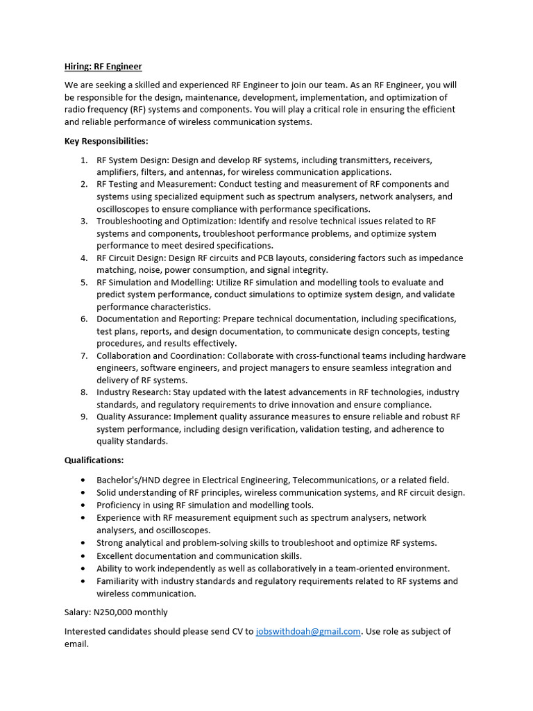 Job Description RF Engineer | PDF