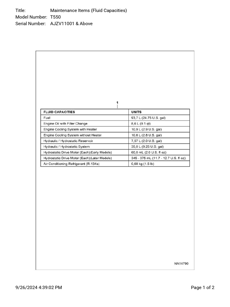 Maintenance Items (Fluid Capacities) - T550 | PDF | Science & Mathematics | Technology & Engineering