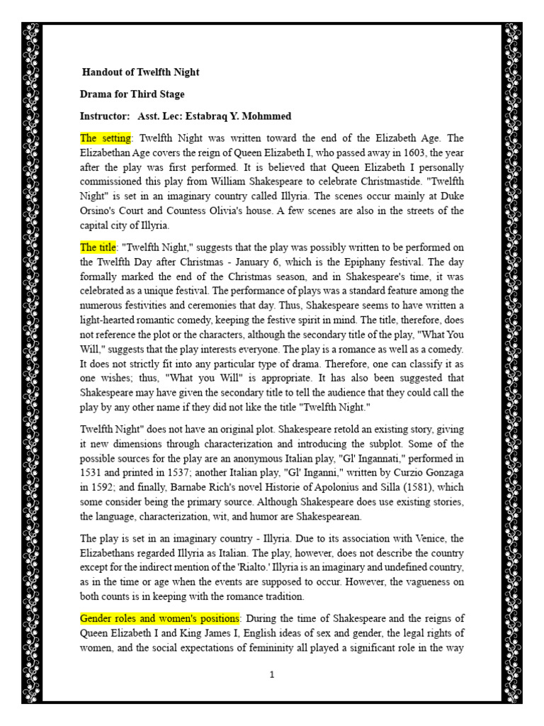 Handout of Twelfth Night | PDF