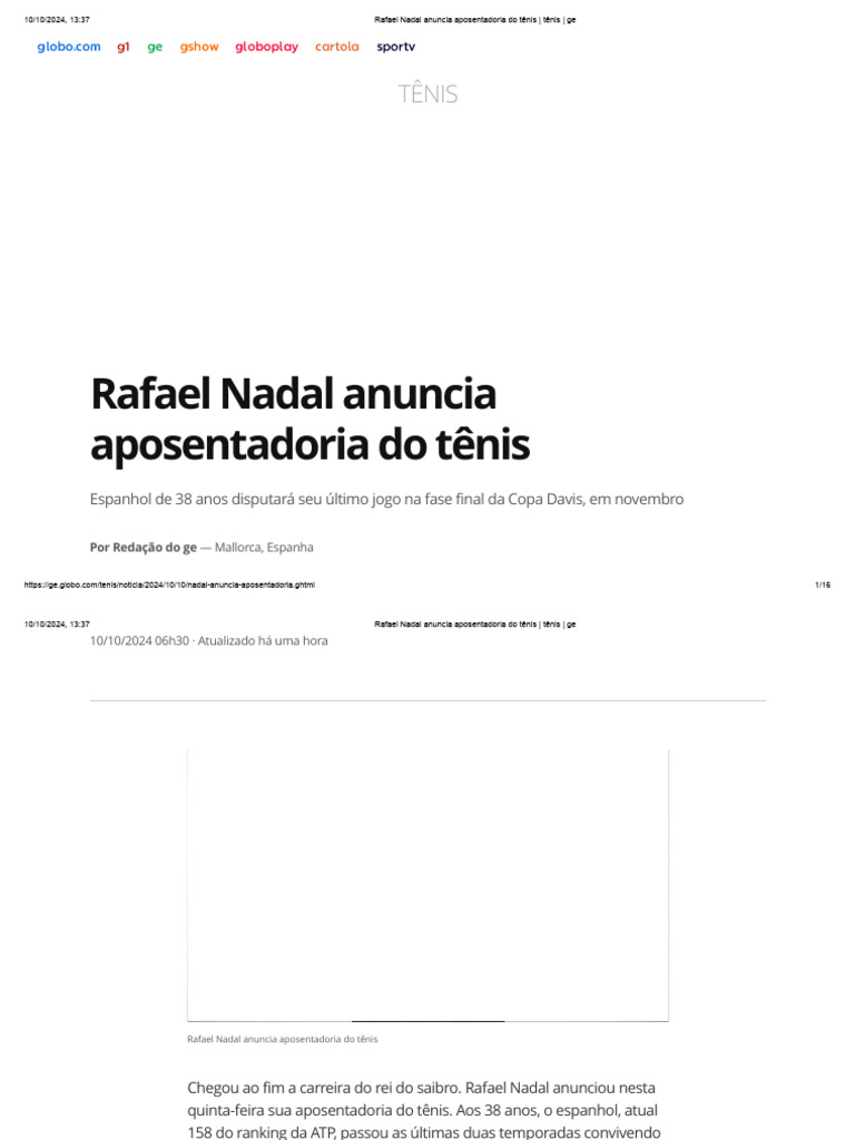 Rafael Nadal Anuncia Aposentadoria Do Tênis - Tênis - Ge | PDF
